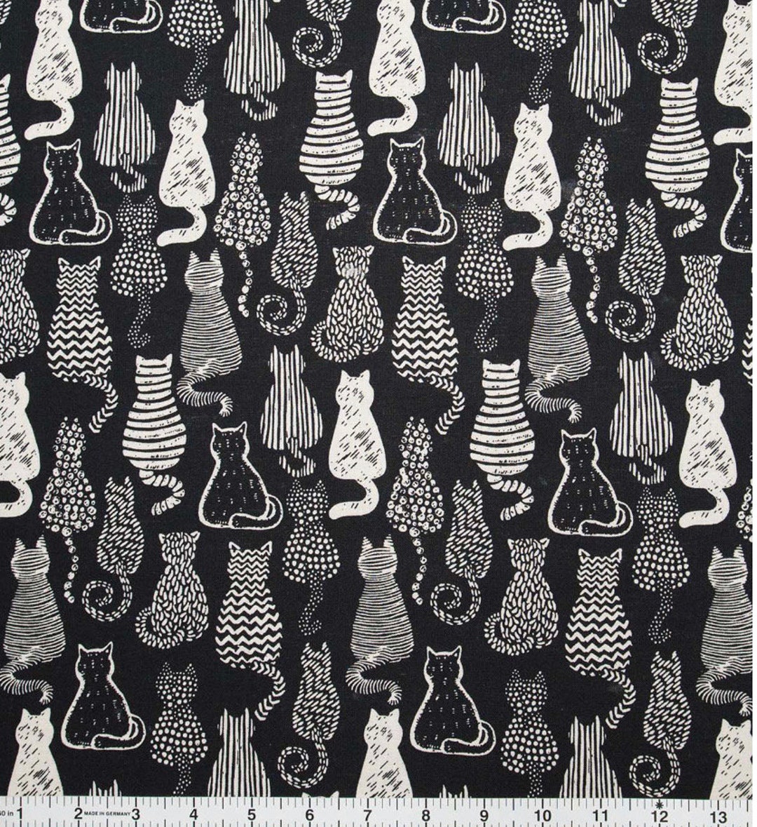Cat Shape Filled on Black Cotton Fabric - 100% Cotton- Continuous Cuts ...