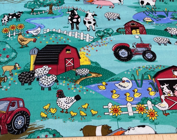 Farm Scene on Teal Fabric - 100% Cotton - by the Yard - Fat Quarters ...