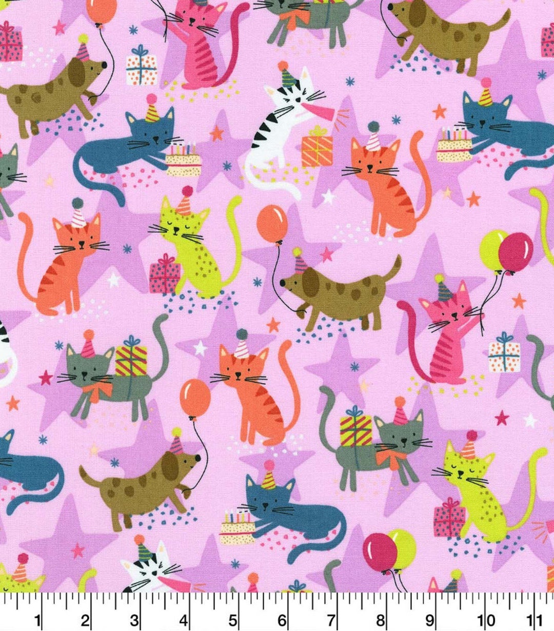 Meow Party Novelty 100% Cotton Fabric- Fat Quarters, by the 1/2 Yard ...