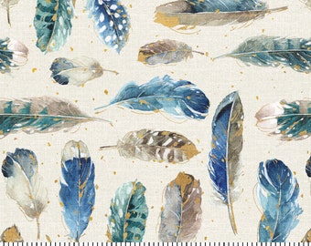 Blue Feathers Fabric Owl Feathers Blue by Xoxotique Watercolor Bird ...