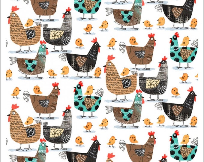 Patterned Chicken Fabric - Hens and Chicks on White- 100% Cotton - by ...