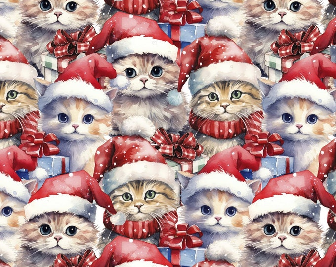 Santa Cat Christmas Fabric - Fat Quarters- 100% Cotton-by the 1/2 Yard ...