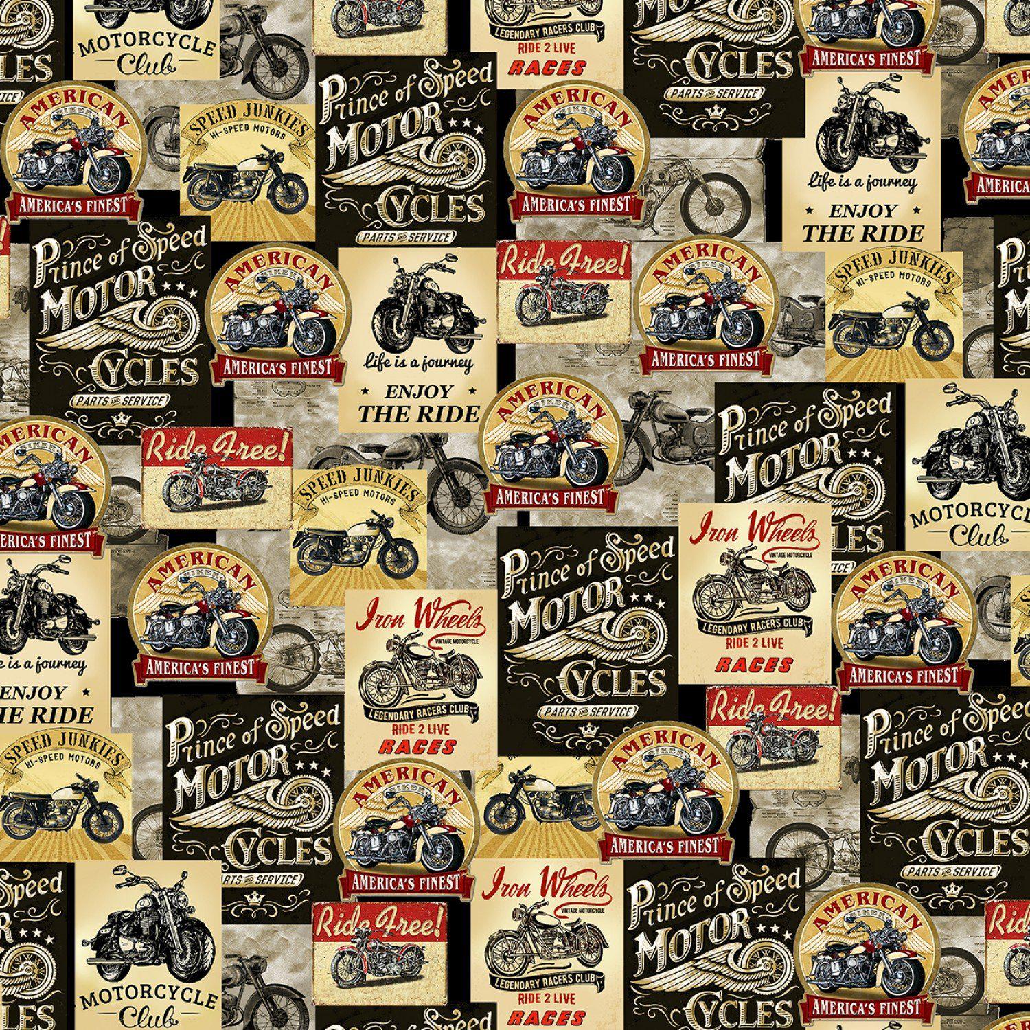 Vintage Motorcycle Cotton Fabric - 100% Cotton- Material- Timeless ...