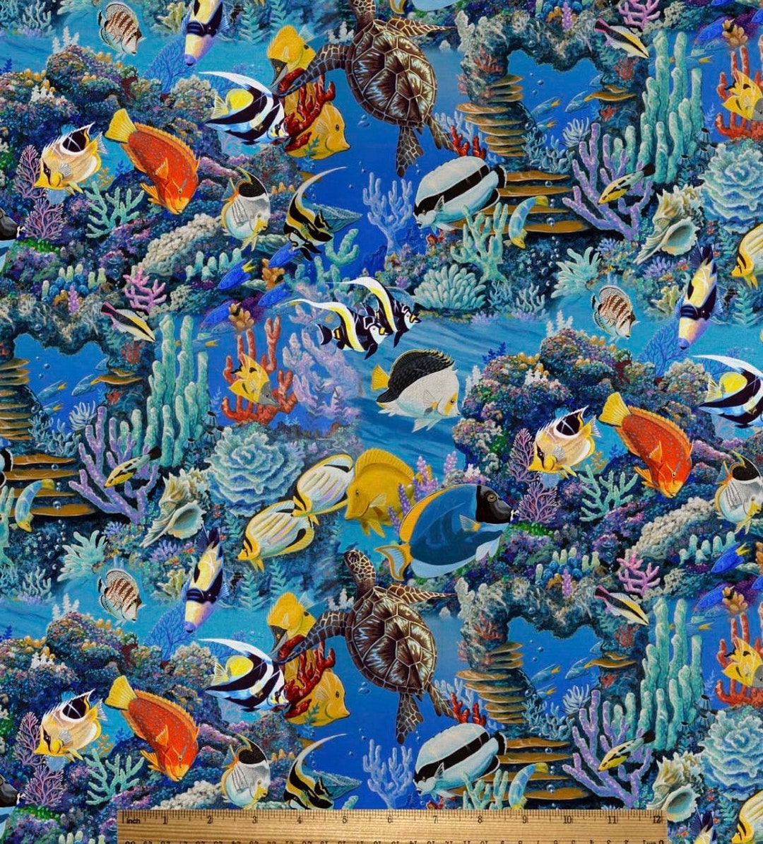 Tropical Fish Cotton Fabric- Continuous Cuts- Cotton Fabric- by the 1/2 ...