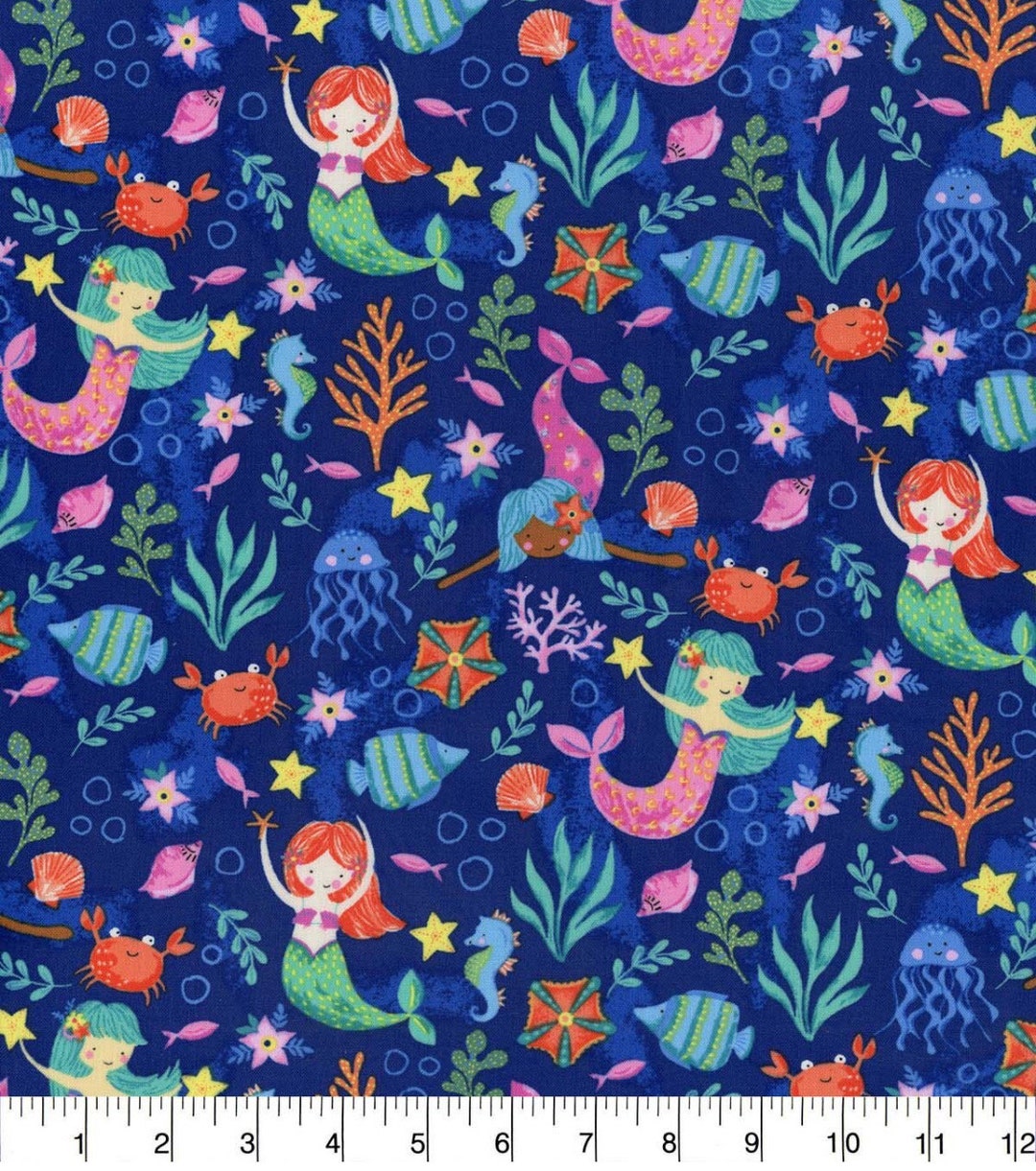 Underwater Mermaids on Blue Cotton Fabric- 1/4 Yard, 1/2 Yard, Remnant ...