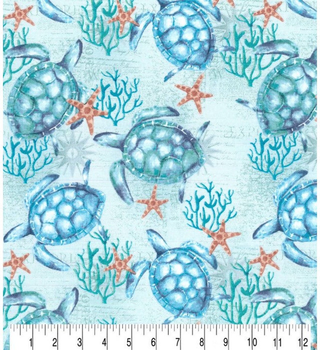 Sea Turtles Cotton Fabric by the 1/2 Yard, Continuous Cuts fat Quarters ...