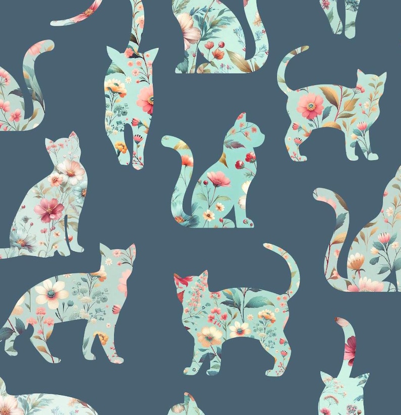 Cat Floral Silhouettes Cotton Fabric - 100% Cotton- Continuous Cuts ...