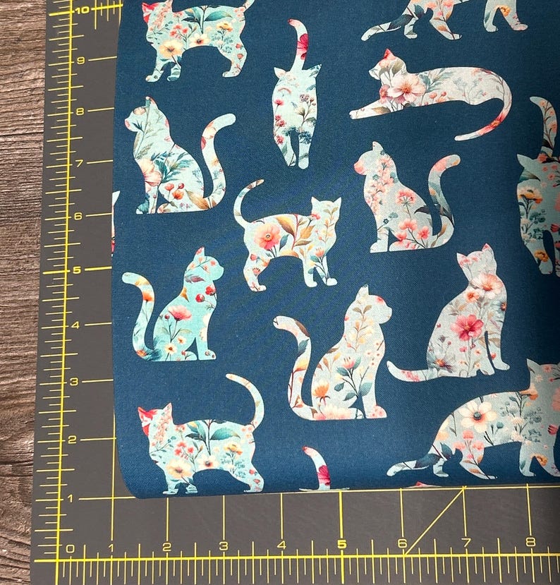 Cat Floral Silhouettes Cotton Fabric - 100% Cotton- Continuous Cuts ...