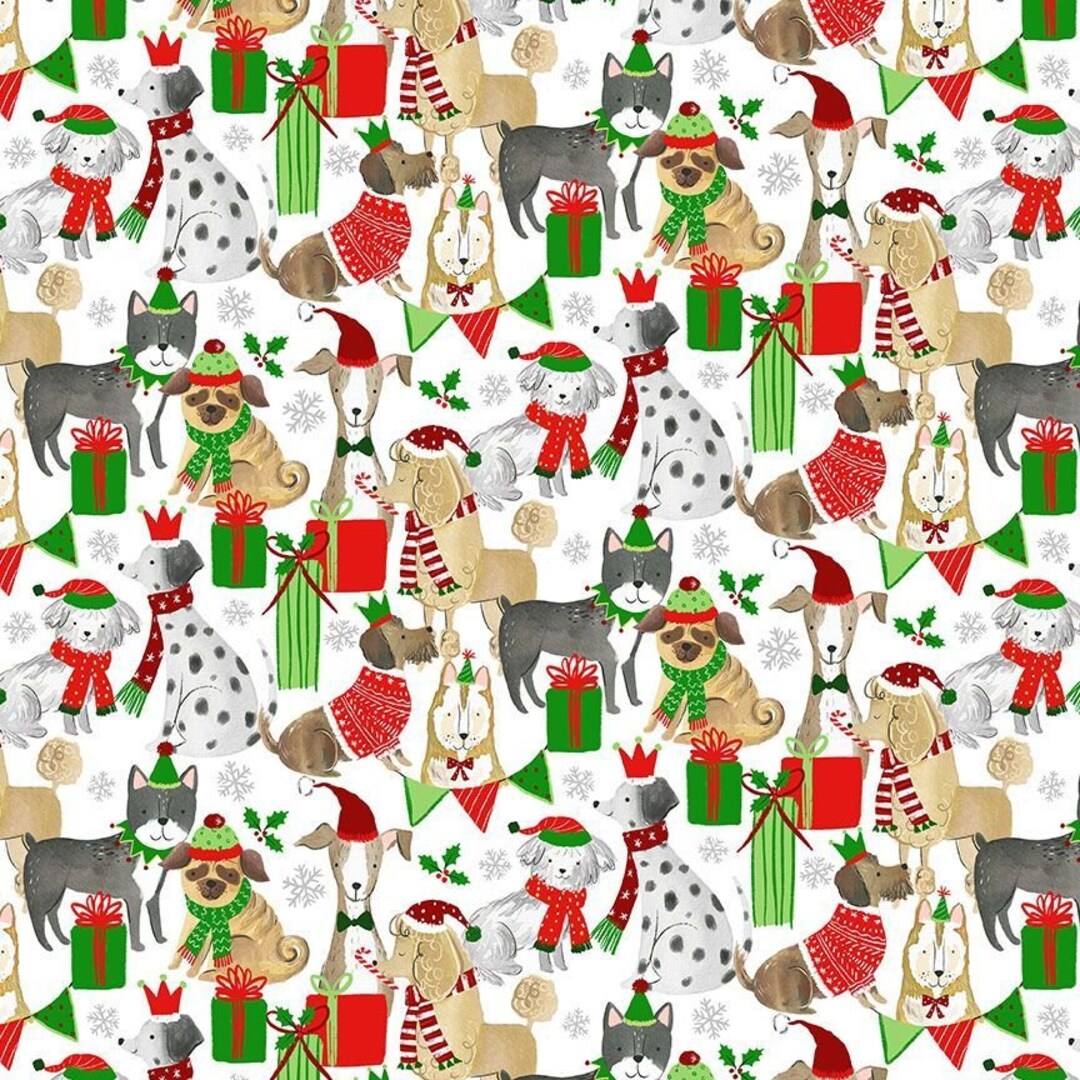 Christmas Dogs on White Cotton Fabric - Fat Quarters, by the Yard- 100% ...