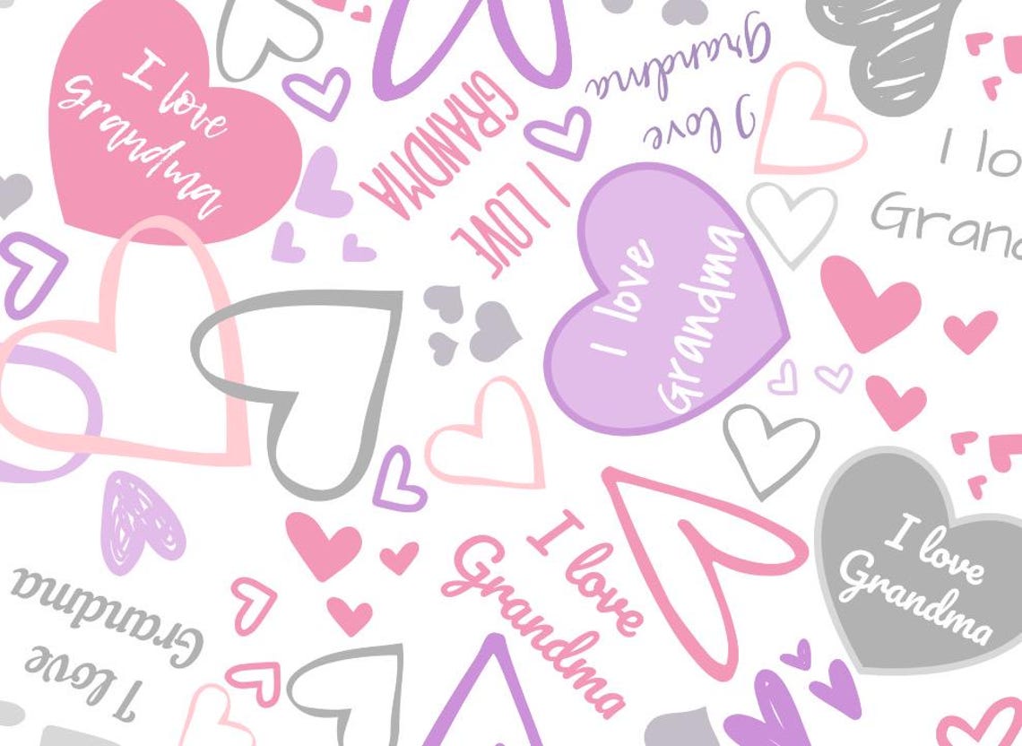 I Love Grandma Hearts Words Pink Purple on White 100% Cotton Continuous ...