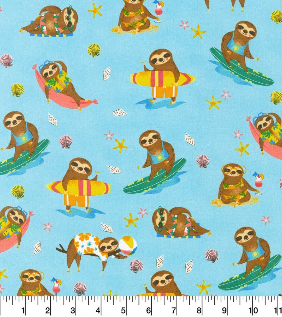 Surf Sloths Novelty 100% Cotton Fabric Fat Quarters, by the 1/2 Yard ...