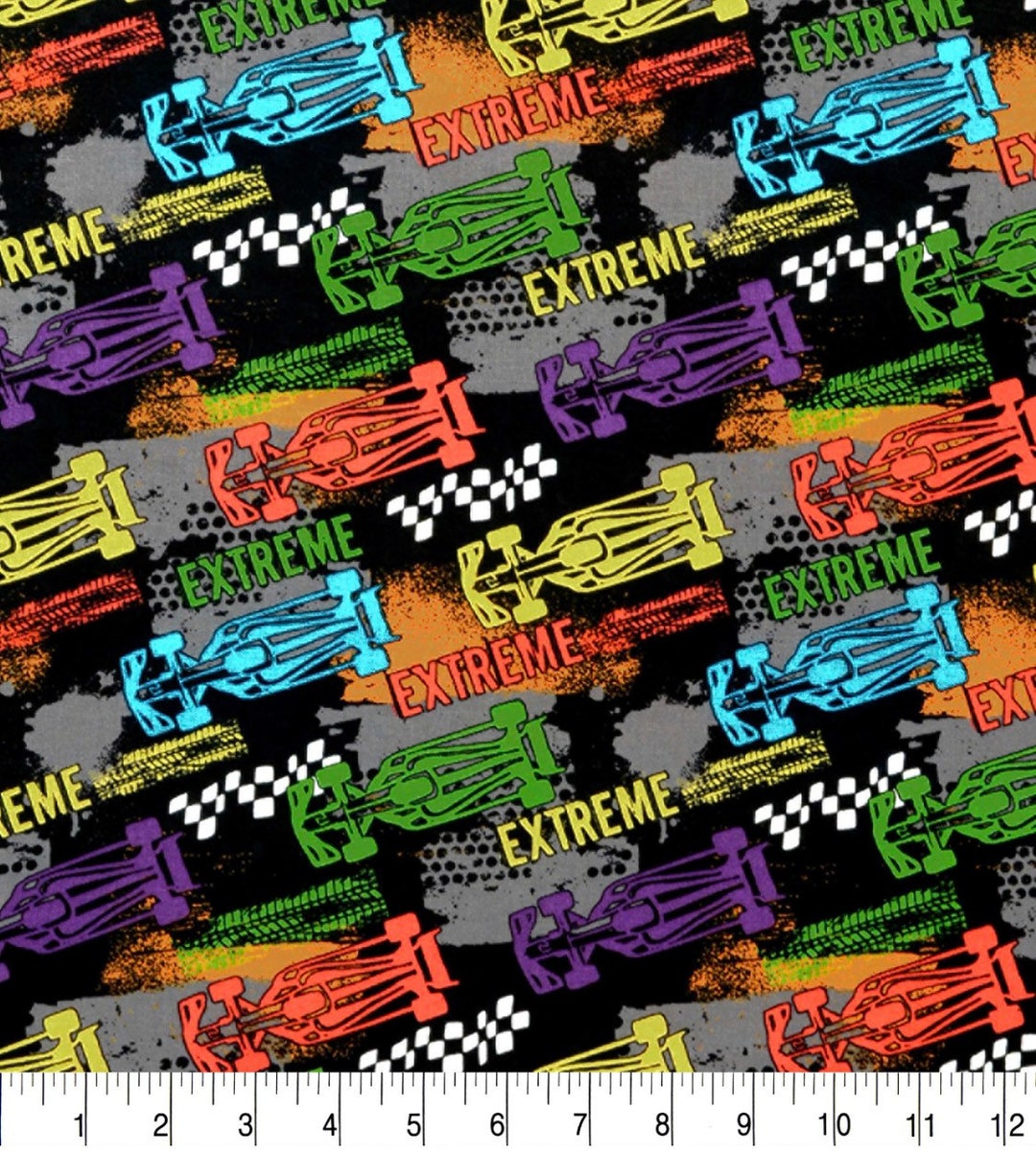 Race Toy Cars on Black Novelty Print Cotton Fabric - 100% Cotton ...