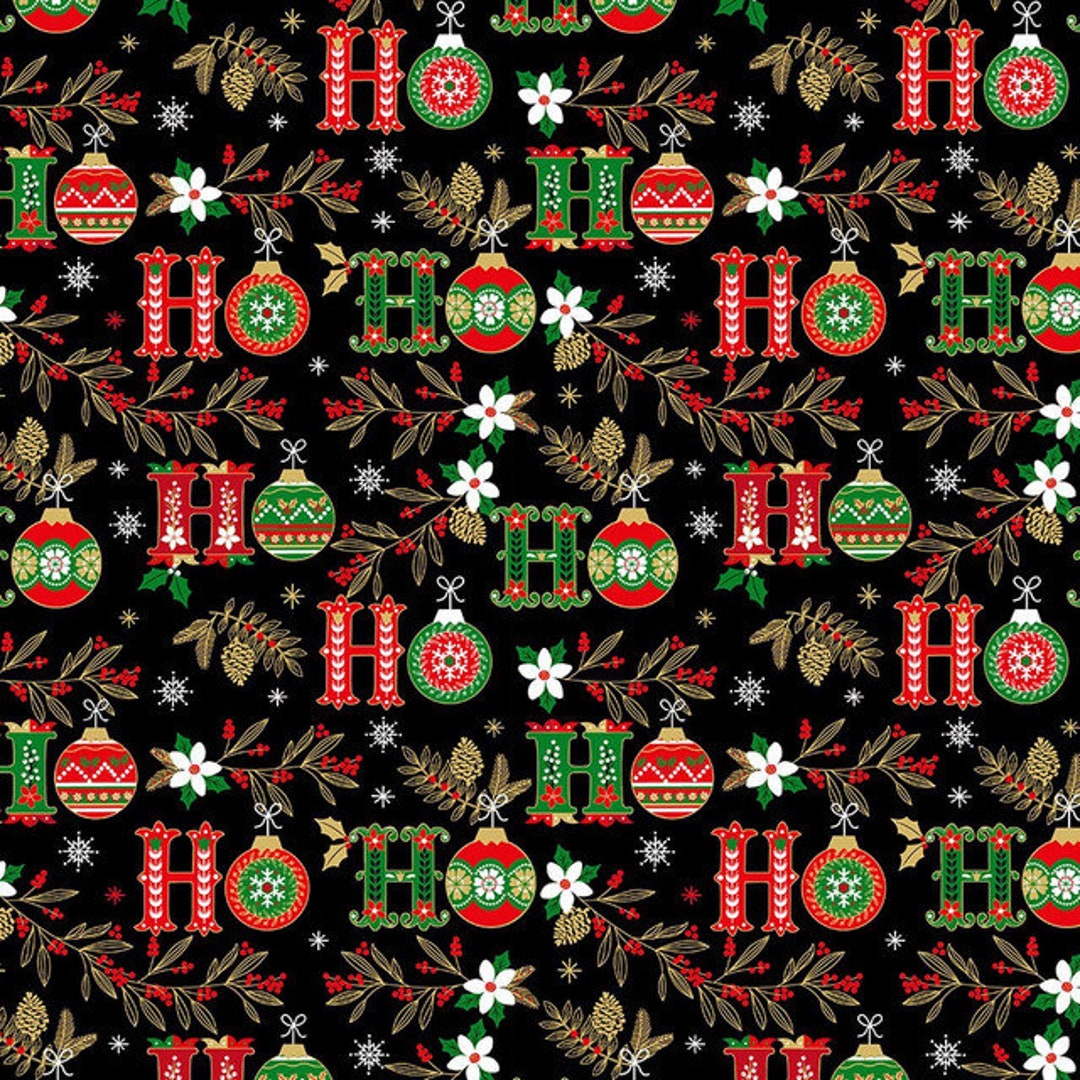 Christmas Magic Black Hoho Text & Christmas Floral Cotton Fabric ...