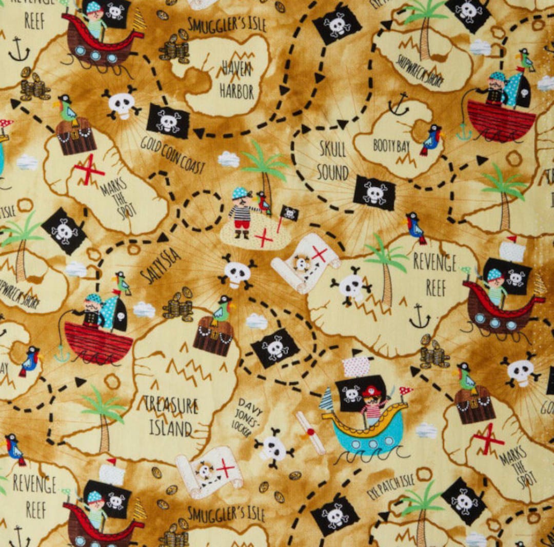 Pirate Treasure Map Cotton Fabric - Fat Quarters - by the Yard - 1/4 Yd ...