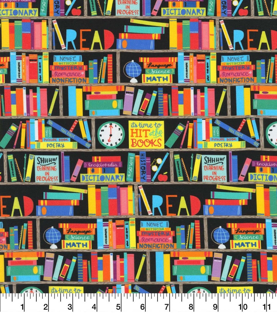 School Library on Black Novelty Cotton Fabric- Fat Quarters 1/4 Yard ...