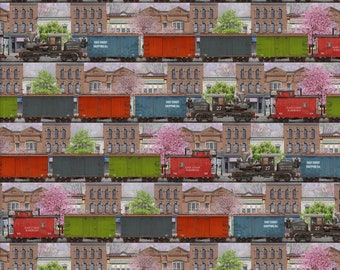 Steam Train Fabric Vintage Steam Train Illustration Kids Pattern by ...