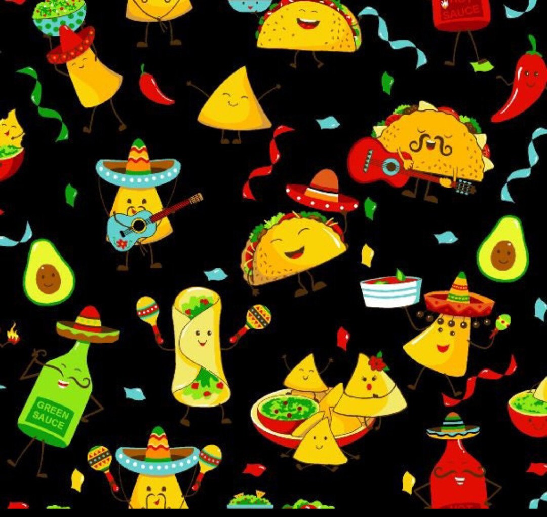 Taco Party Cotton Fabric Fat Quarters 1/4 Yard, 1/2 Yards Continuous ...