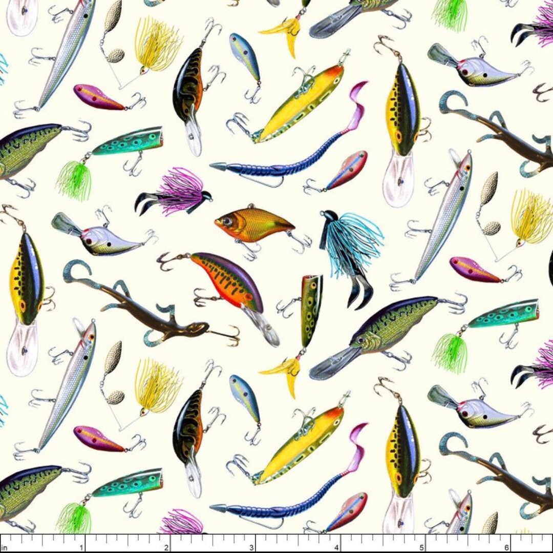 Tight Lines Eggshell Fishing Lures Cotton Fabric by the Yard, Quarter ...