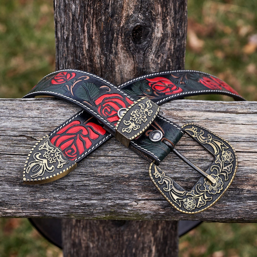 Desert Rose Hand Tooled Leather Western Belt - Etsy