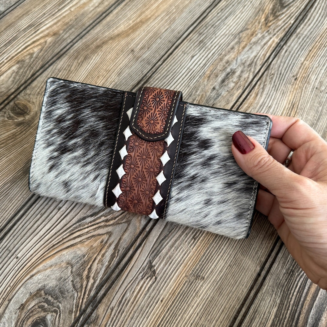 Artisan Hand-tooled Leather and Cowhide Women's Wallet | Unique Western ...