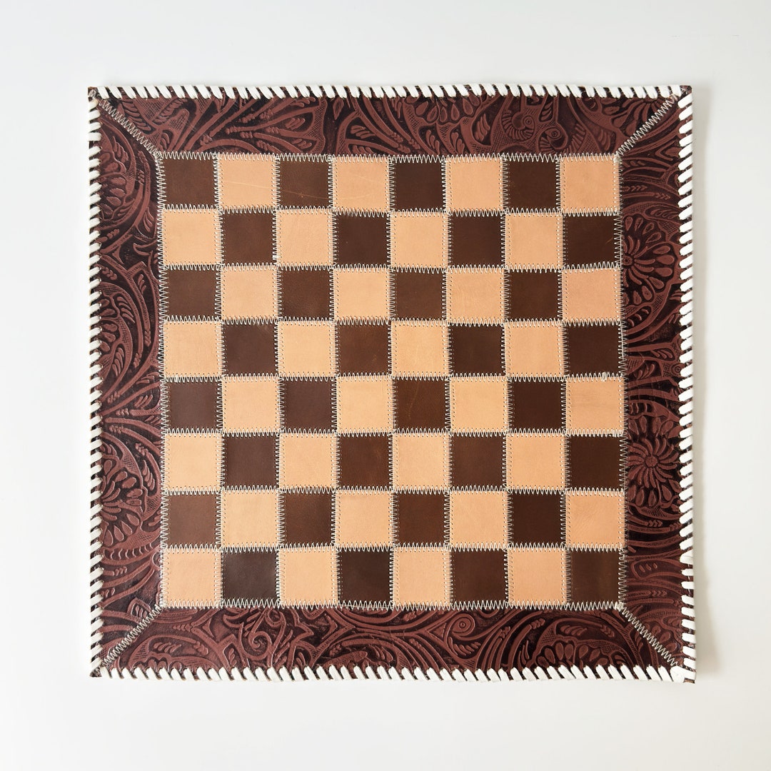 Handmade Leather Chess Board Brown and Tan Checkerboard With Intricate ...