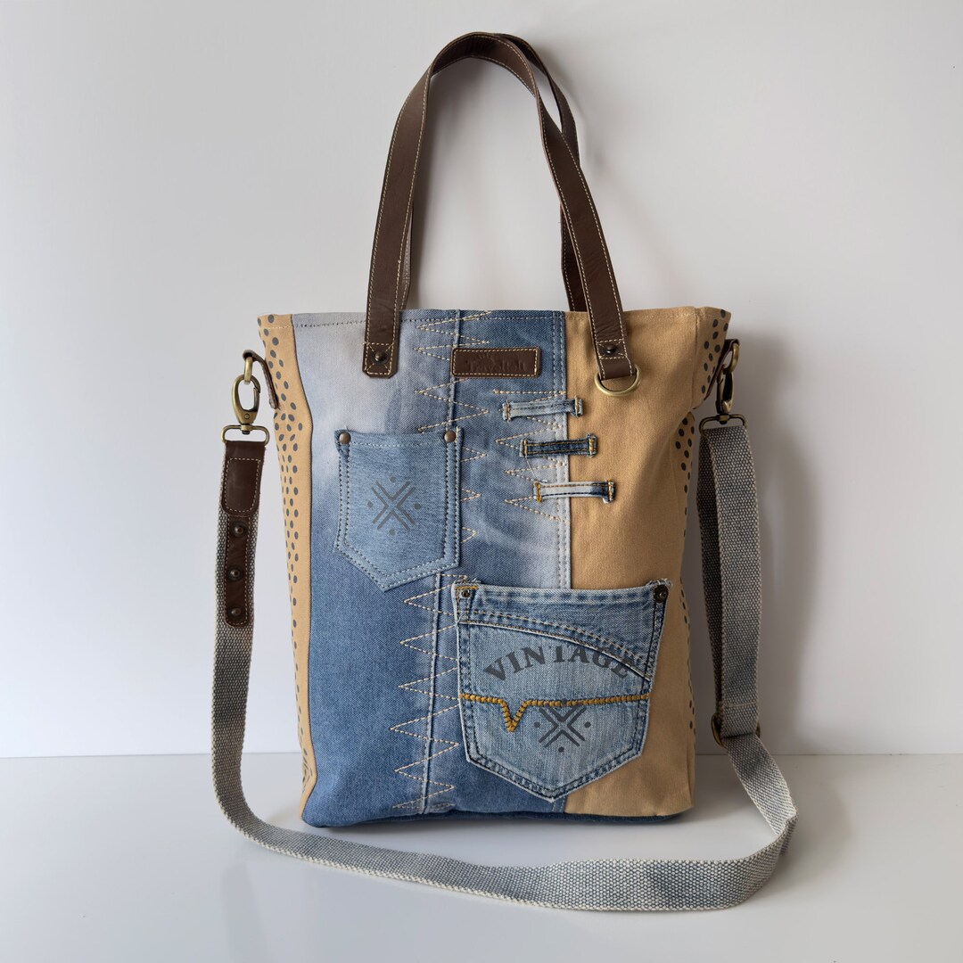 Upcycled Canvas Tote Messenger Shoulder Bag - Etsy