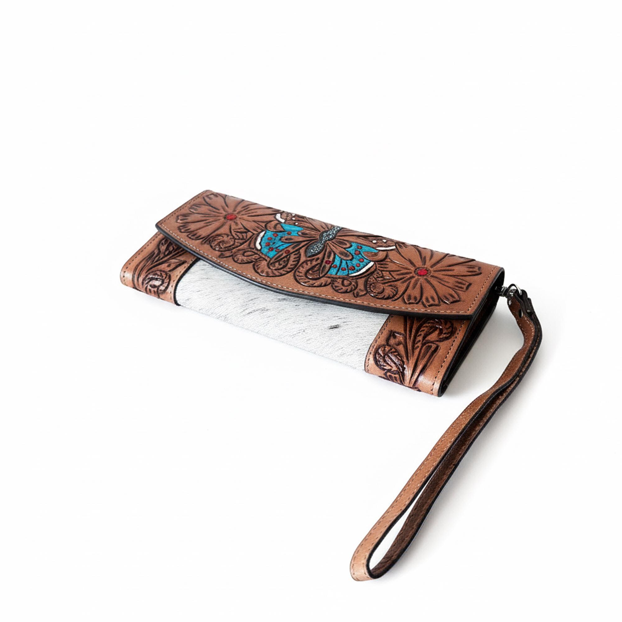 Western Cowhide Tote Bag With Hand Tooled Leather Butterfly Accents and ...