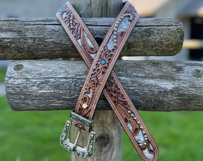 Womens Western Hand Tooled Leather Belt, Rodeo Belt, Embossed Leather ...