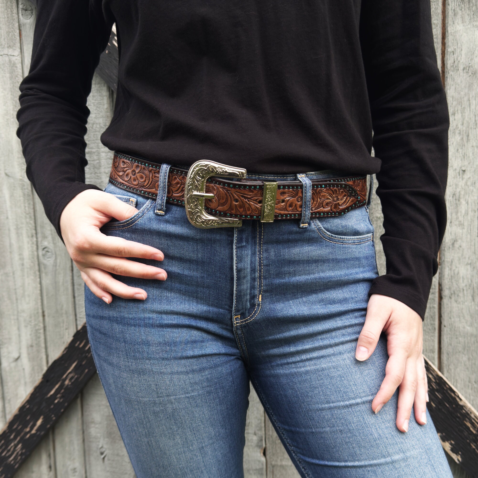 Bohemian Style Floral Leather Belt With Turquoise Dots and Handcrafted ...