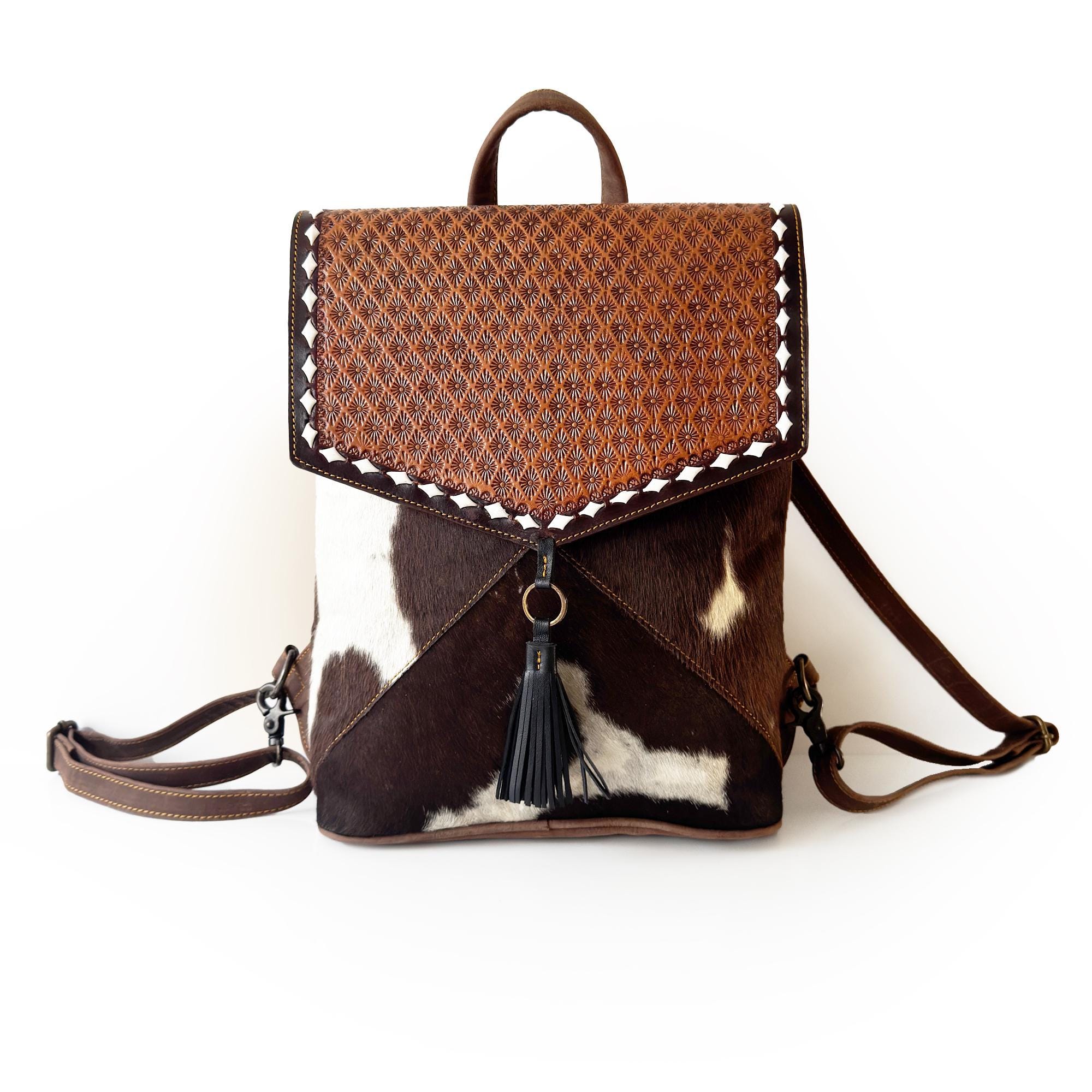 Hand Tooled Leather and Cowhide Backpack - Rustic Boho Laptop Bag With ...
