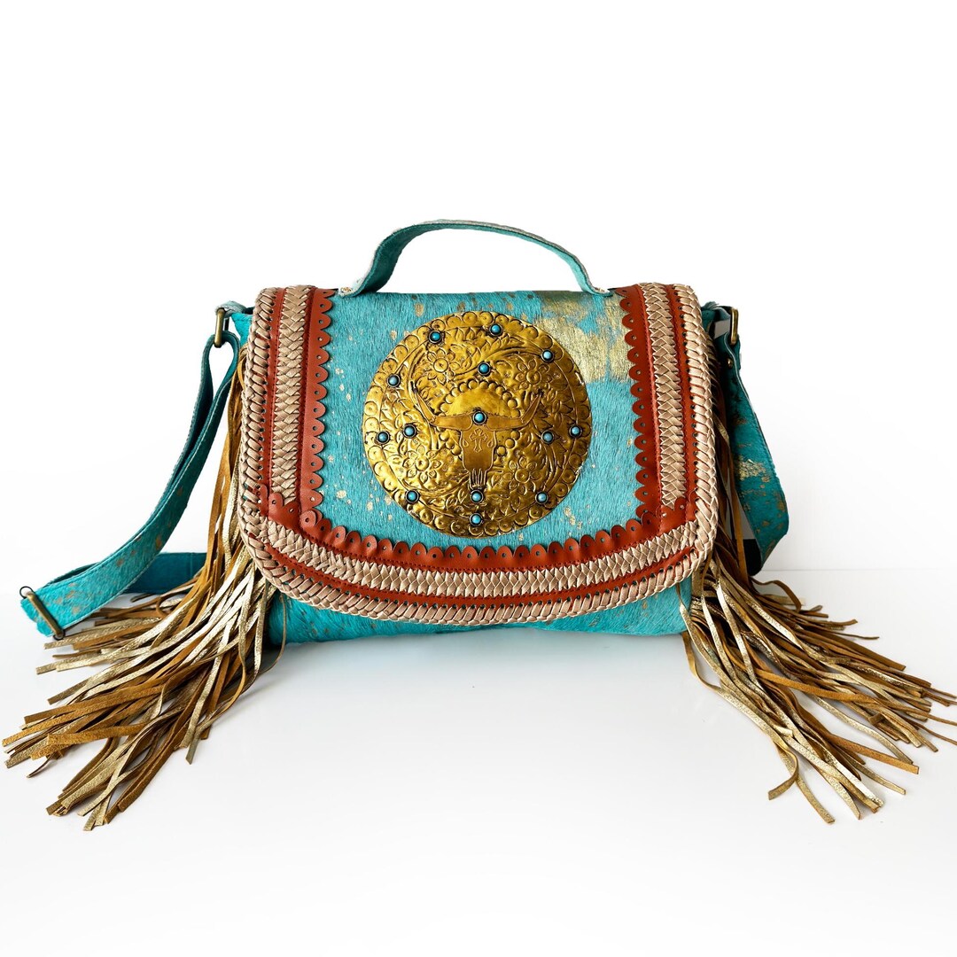 Golden Medallion Cowhide Fringe Bag – Handmade Turquoise Boho Shoulder ...