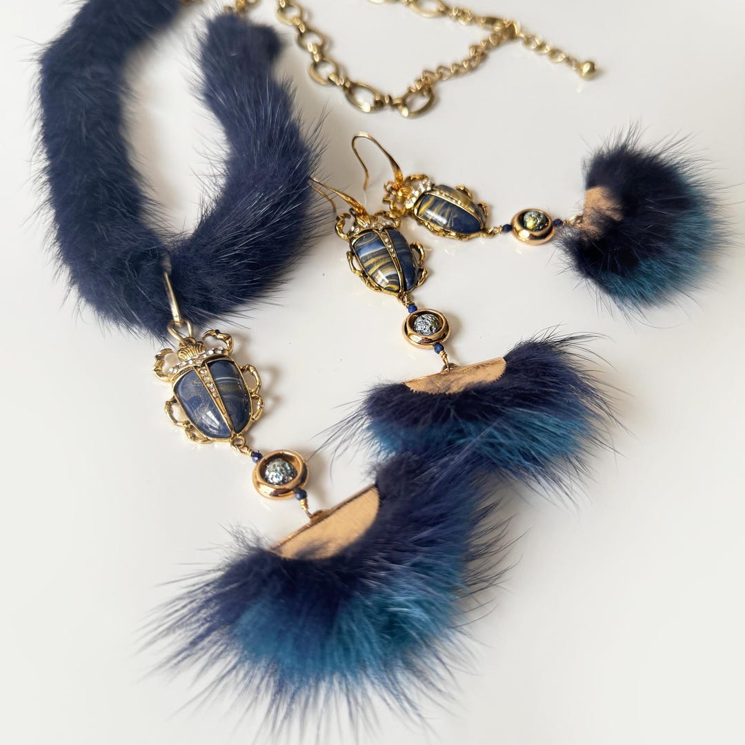 Scarab Beetle Mink Fur Jewelry Set | Swarovski Crystal Statement ...