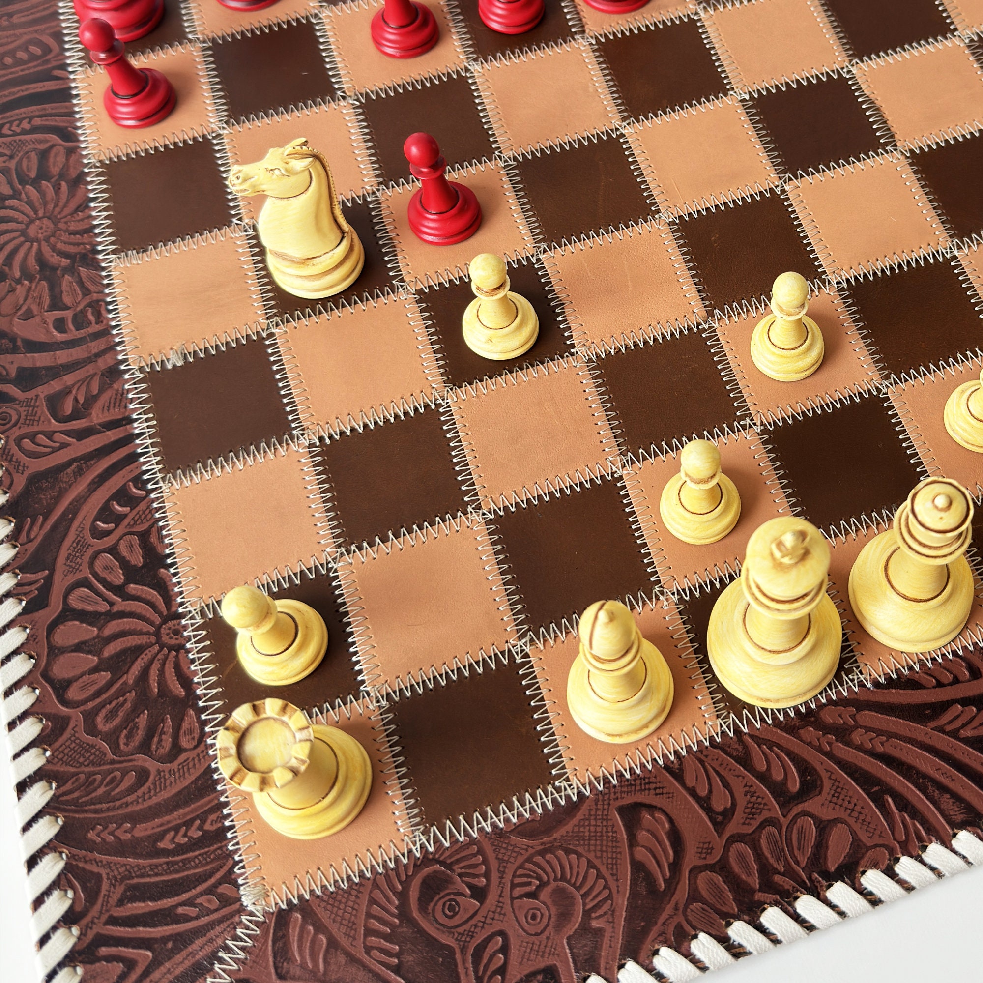 Handmade Leather Chess Board - Brown and Tan Checkerboard With ...