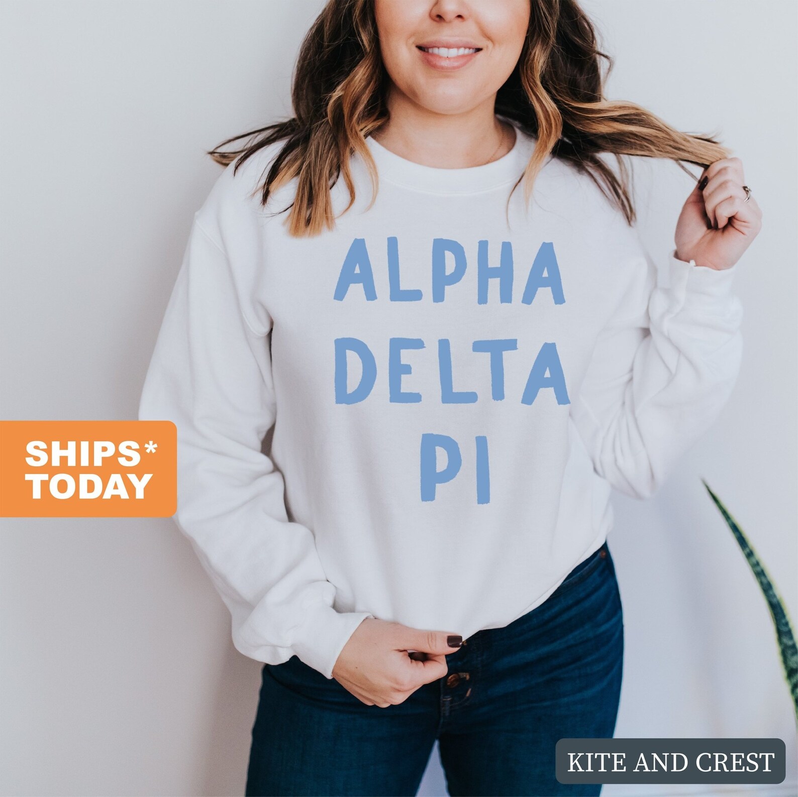 Adpi Alpha Delta Pi Blue Bubble Letter Sorority Crewneck Etsy