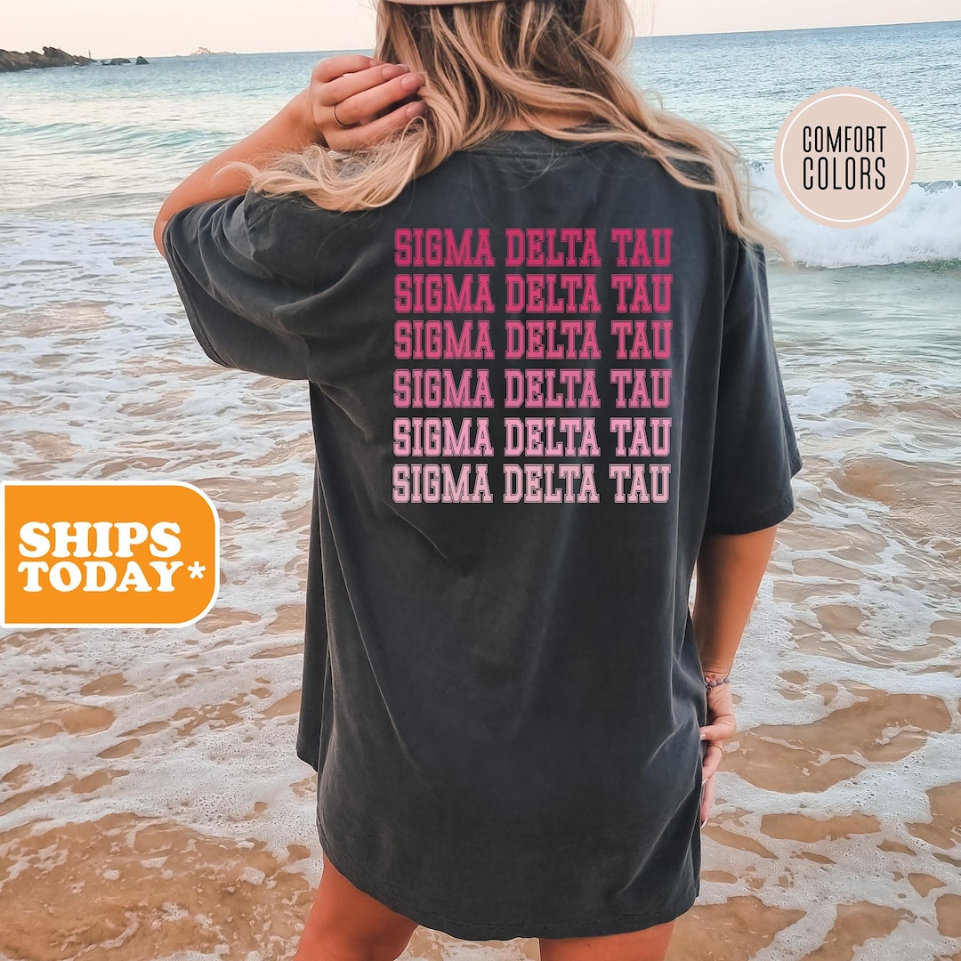 Sigma Delta Tau Pink Varsity Comfort Colors Sorority T-shirt | Sig Delt ...