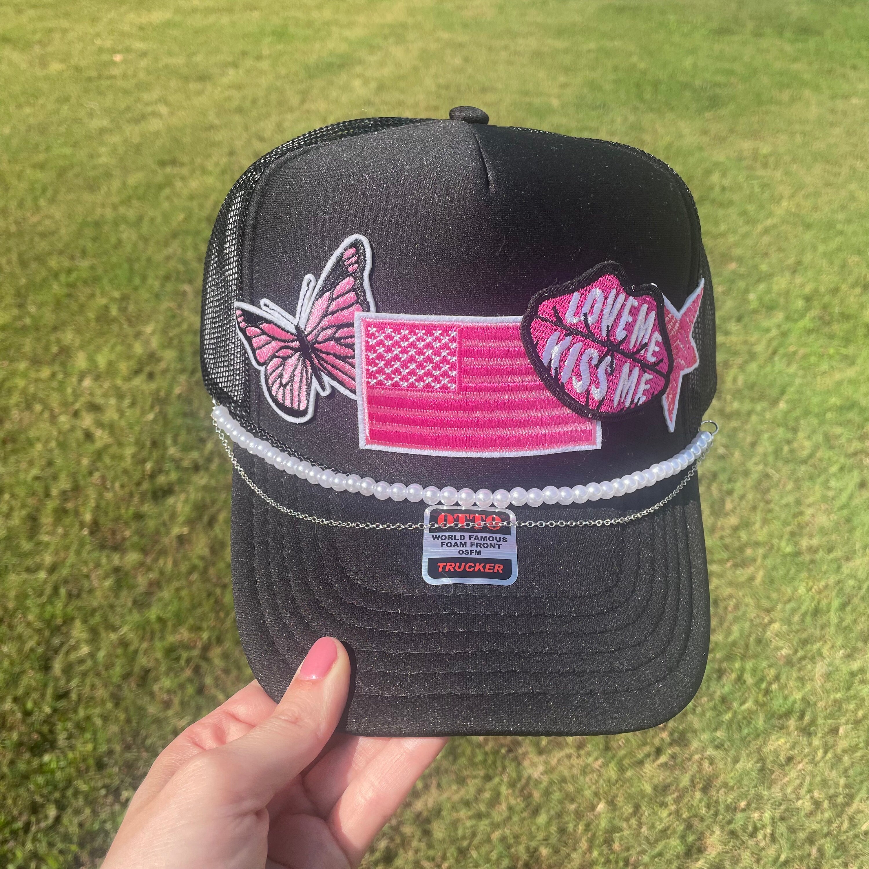 Trucker Patch Hat, Pink American Flag Cap, Love Me Kiss Me Trucker Hat ...