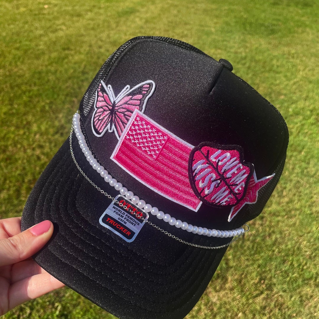 Trucker Patch Hat, Pink American Flag Cap, Love Me Kiss Me Trucker Hat ...