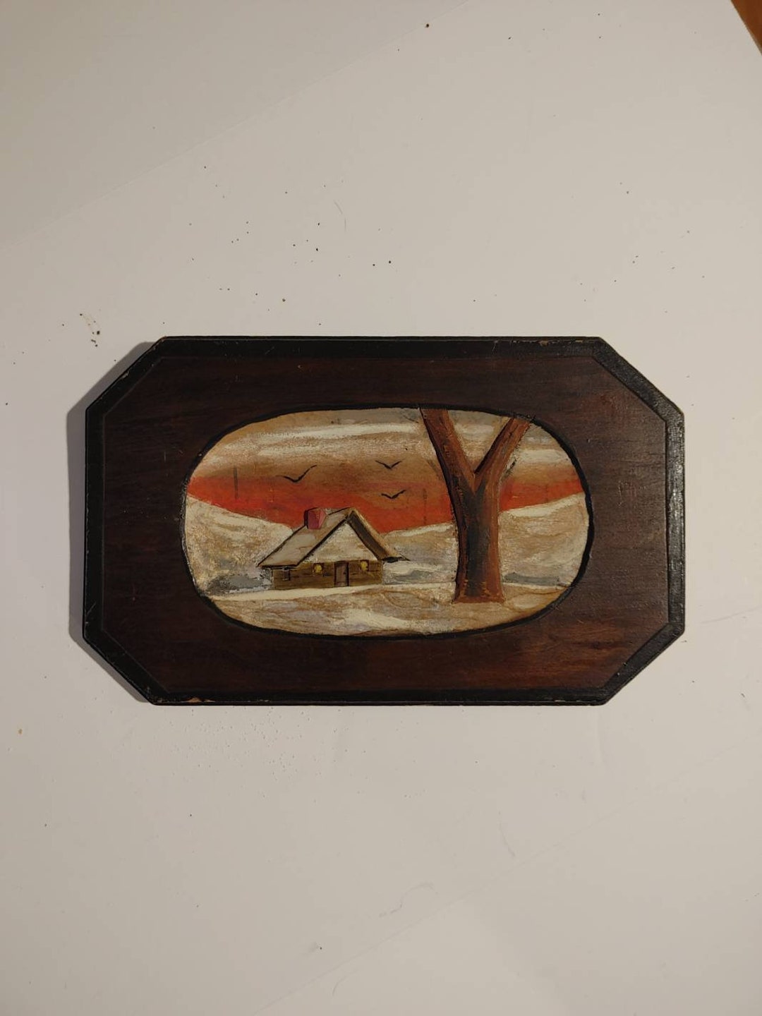 1977 Hand Carved Wooden Log Cabin Sky Scenery With Tree Picture Wall ...
