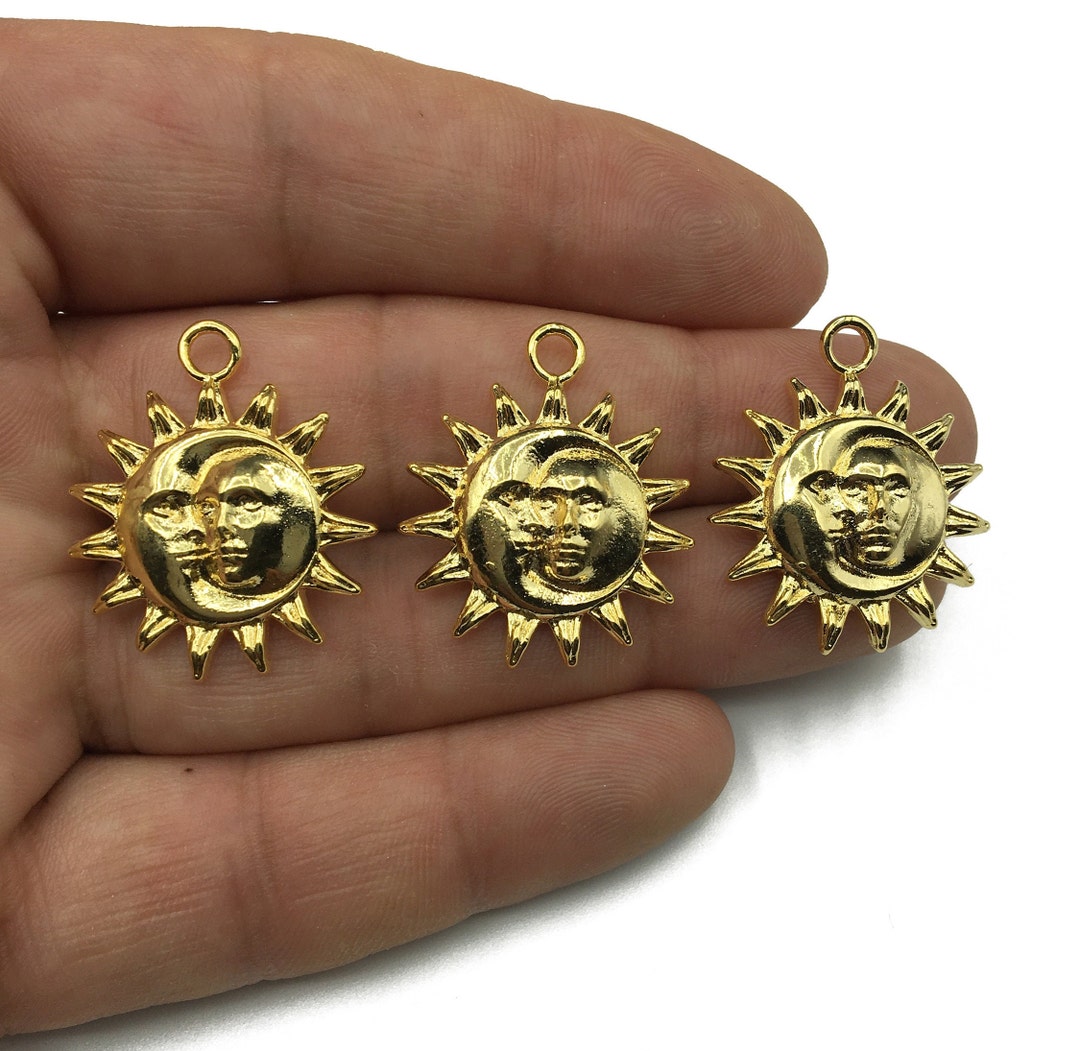 24x28mm 24 K Shiny Gold Plated Sun Face Pendant, Sun Necklace, Moon ...