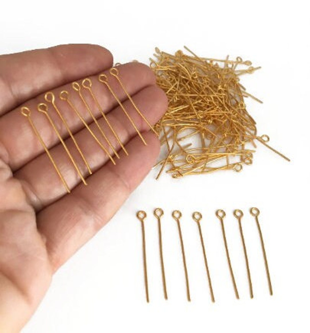 25 Pcs, 35mm 24k Shiny Gold Plated Eye Pins, Hoop Eye Pin, Gold Plated ...