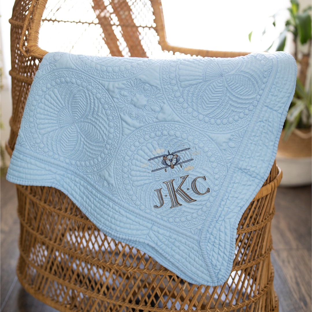 Airplane Quilt, Monogrammed Baby Quilt, Embroidered Quilt, Baby Shower ...