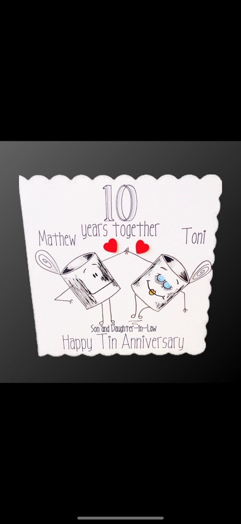 10 Years ‘tin’ Anniversary Card, Hand Drawn, Custom Made, Personalised ...