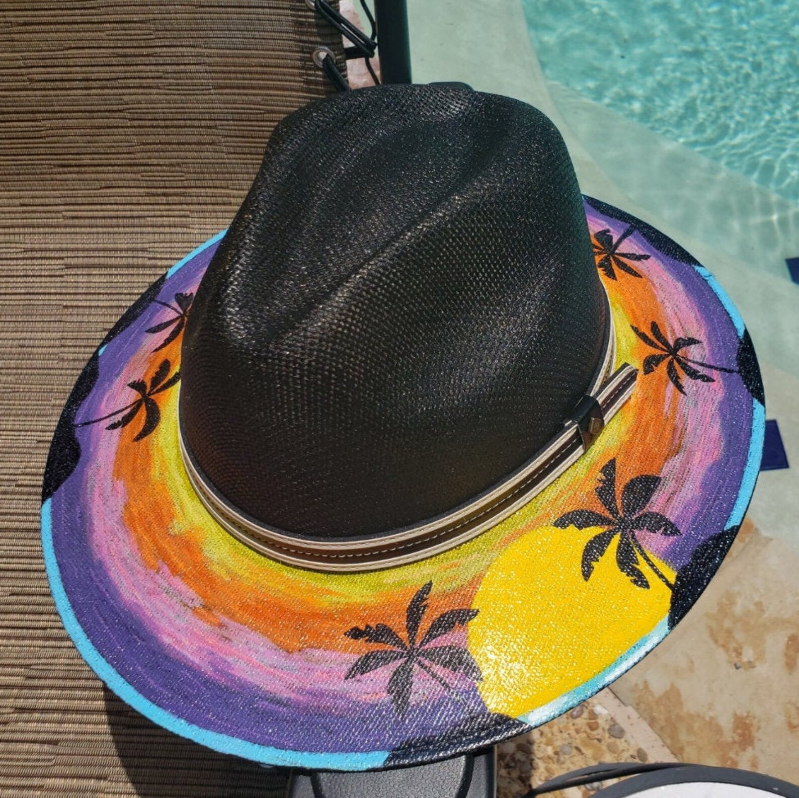 Sunset beach scene hat hand painted hat women's straw | Etsy