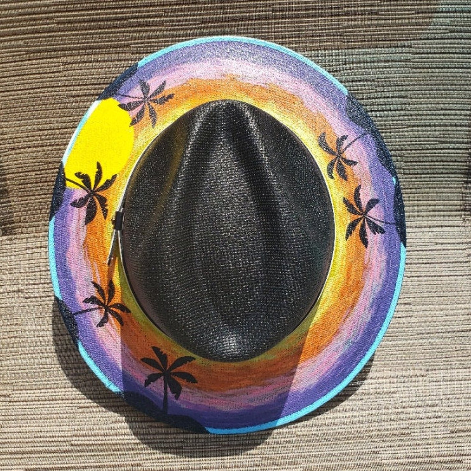 Sunset beach scene hat hand painted hat women's straw | Etsy