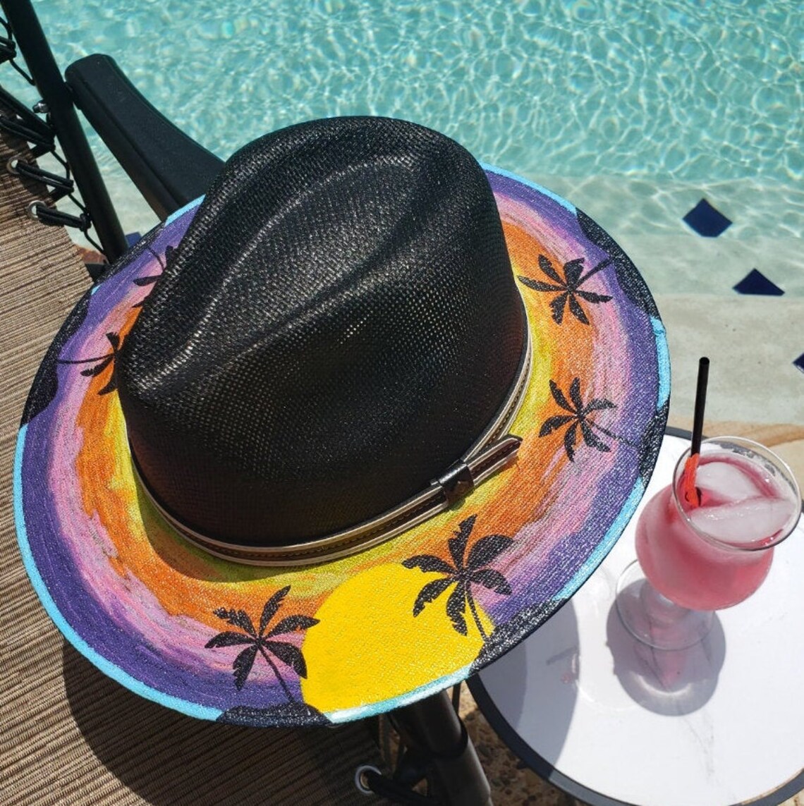 Sunset beach scene hat hand painted hat women's straw | Etsy