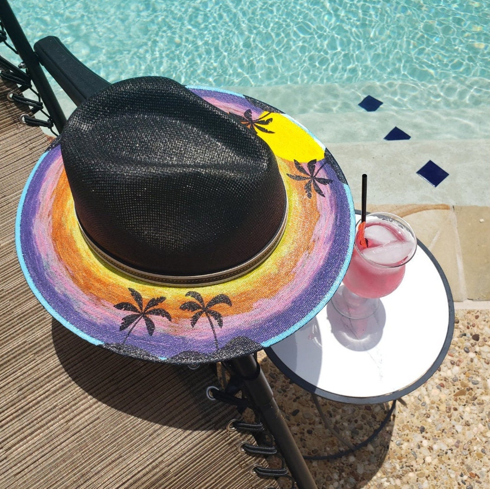 Sunset beach scene hat hand painted hat women's straw | Etsy