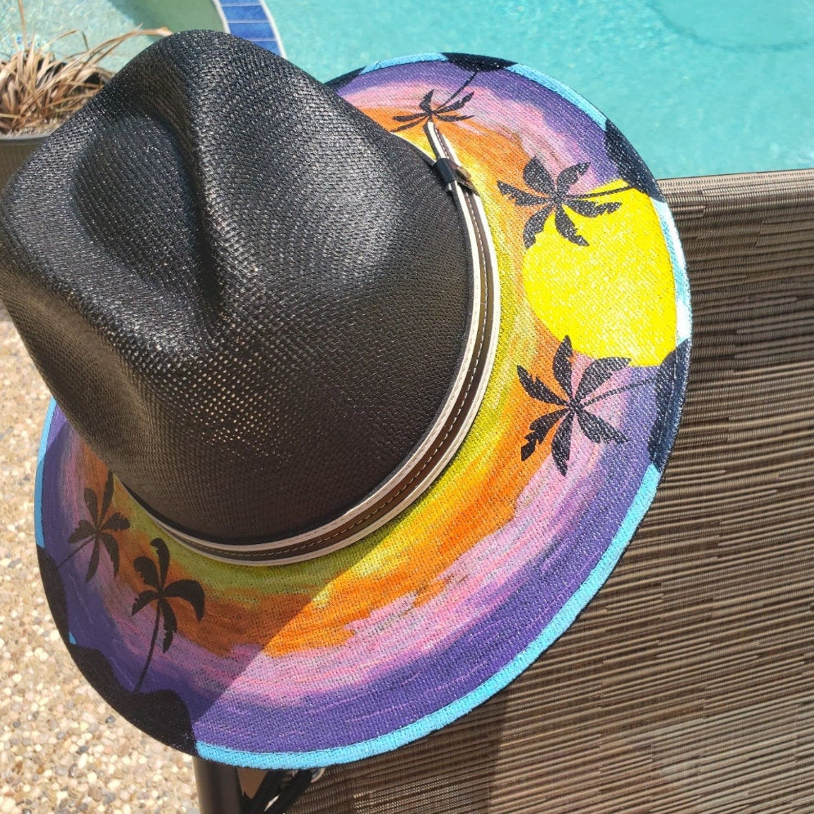 Sunset beach scene hat hand painted hat women's straw | Etsy