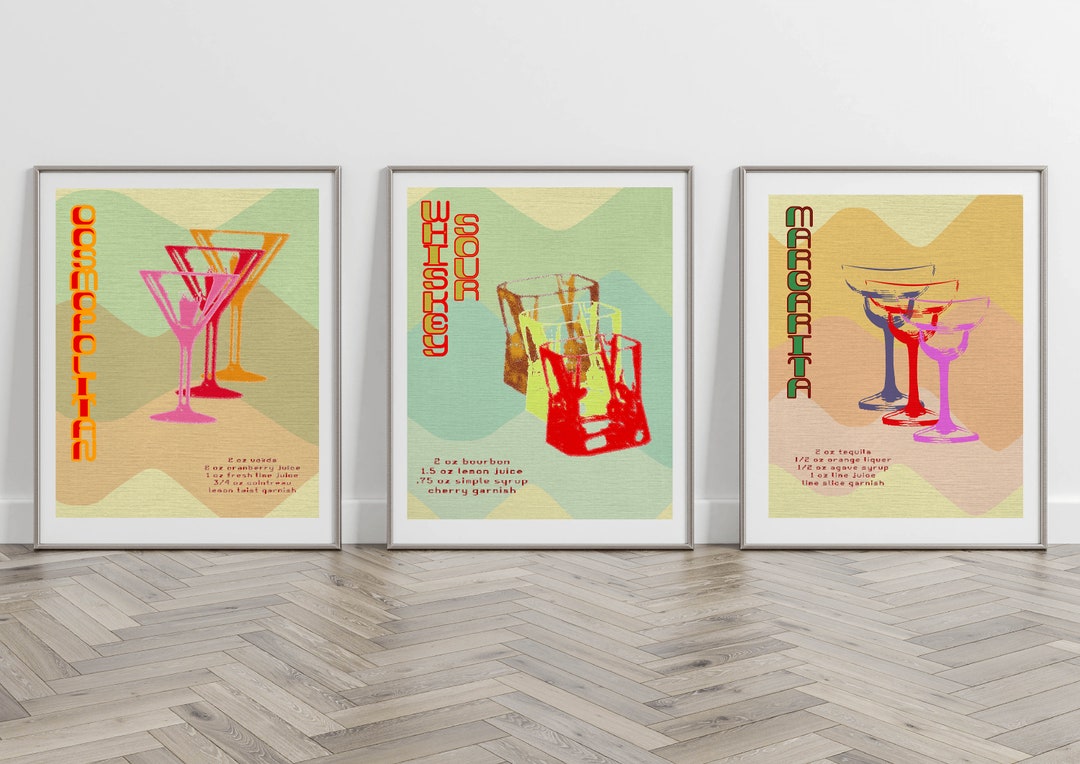 Bar Cart Poster - 3 Set - Whiskey Sour - Cosmopolitan - Margarita - Bar ...