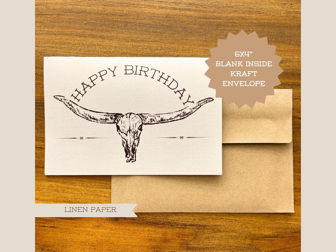 Western Happy Birthday Card - Cowboy Longhorn Card - 6x4 Brown Card ...