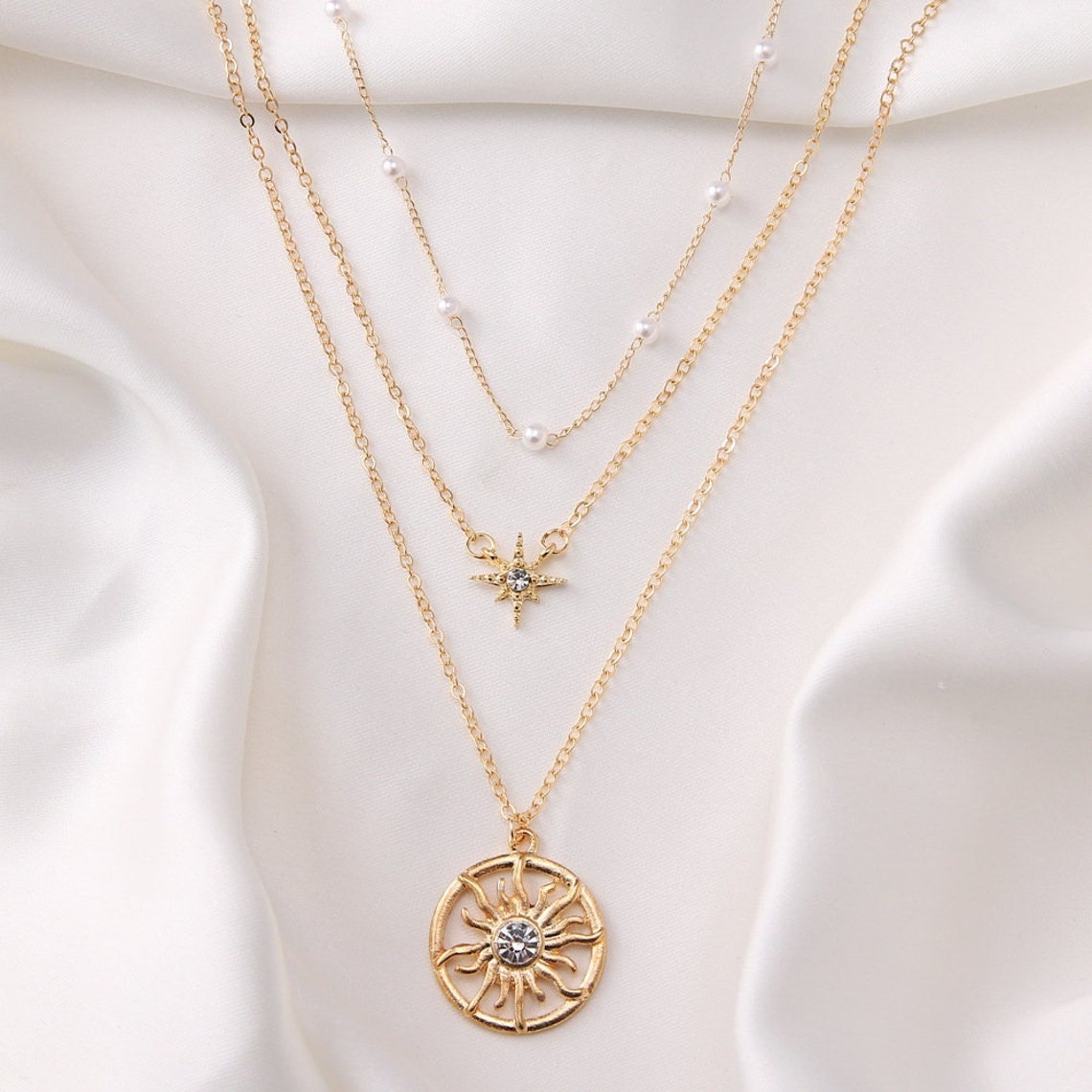 Pearl Sun Star Astronomy Multi-layer Necklace | Gold Layers Pearl ...